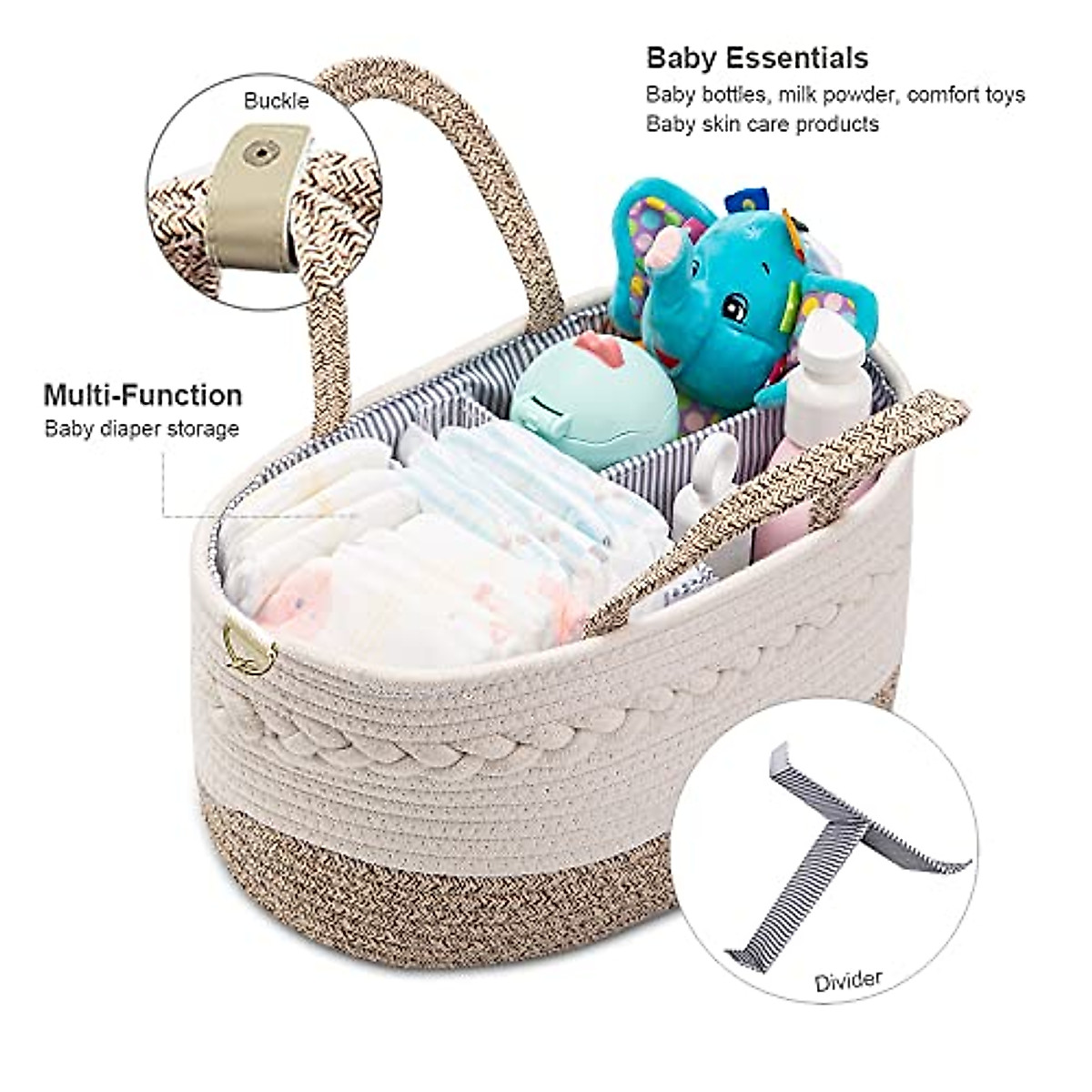 YeaYee Baby Diaper Caddy Organizer, Shoulder Strap Buckle, 4 Inner Pockets Portable Nursery Storage Basket with Detachable Compartments,100% Cotton Woven Bin (Small, Yellow)