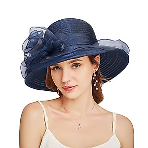 Women Organza Sun-Hats Wide-Brim Church-Hats for Tea Party Bridal Wedding Dress Hat Navy
