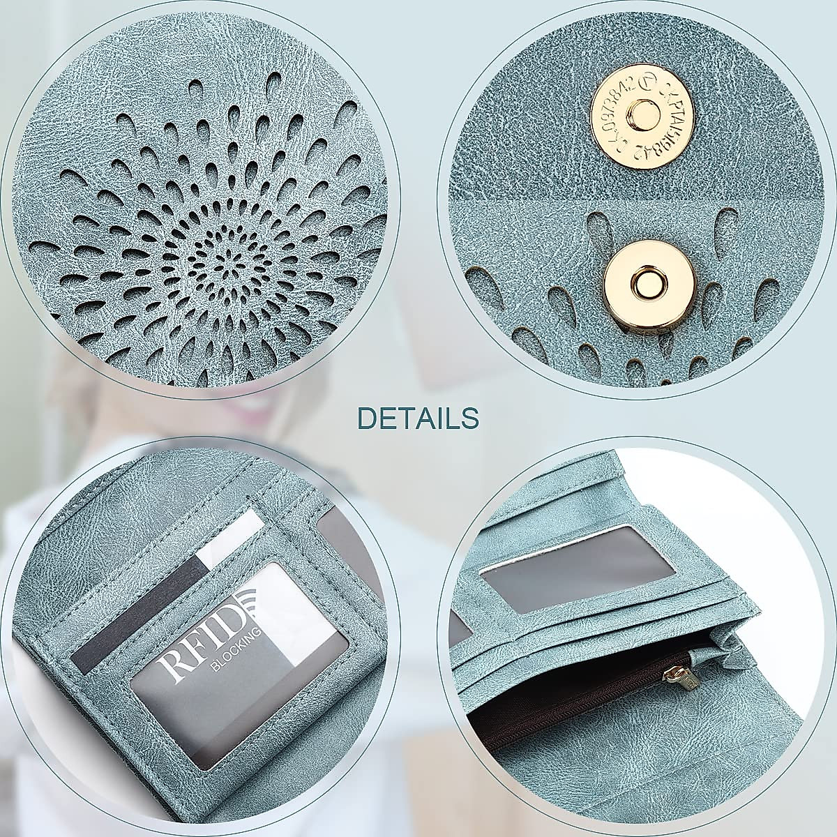 APHISON Womens Wallets RFID Blocking PU Leather Clutch Long Wallet for Women Card Holder Phone Organizer Ladies Travel Purse Hollow Out Sunflower Design Gift Box 2214BLUE