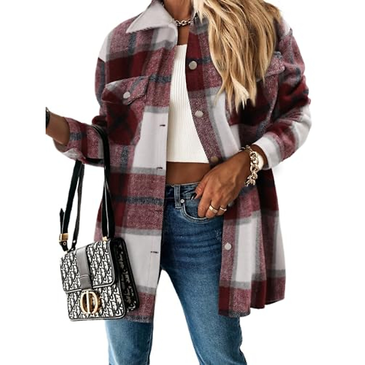 ZOLUCKY Women Flannel Shacket Plaid Button Down Shirt Lapel Collar Long Sleeve Oversized Blouse Top, Red and White Small