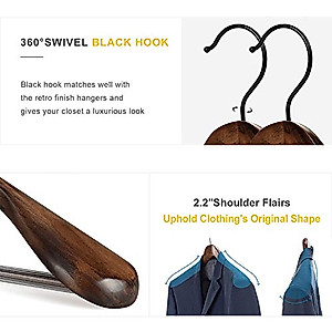 TOPIA HANGER Set of 6 Beautiful Coat Suit Jacket Wood Wooden Hangers, Premium Retro Finish with Extra-Wide Shoulder- 360° Black Hooks & Anti-Slip Bar CT02A