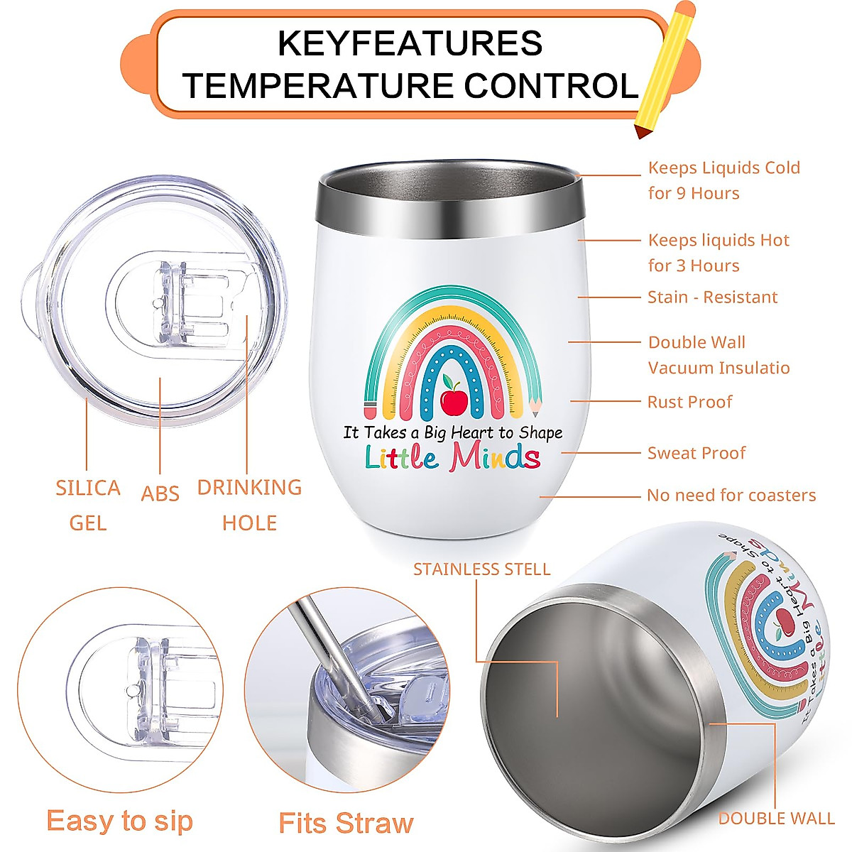 Nuenen Teacher Gifts for Women Teacher Appreciation Gifts It Takes a Big Heart to Shape Little Wine Tumbler 12 oz Stainless Steel Tumbler for Christmas End of Year Graduation Birthday Gifts