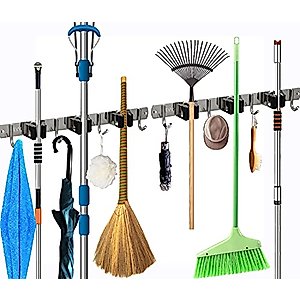 EVV Broom Holder Wall Mount 2 Packs Mop Holder Wall Mount with 3 Utility Racks 4 Hooks,Broom Mop Hanger,Organizer,Holder, Hooks,Storage for Laundry Room Garden Garage Closet Kitchen