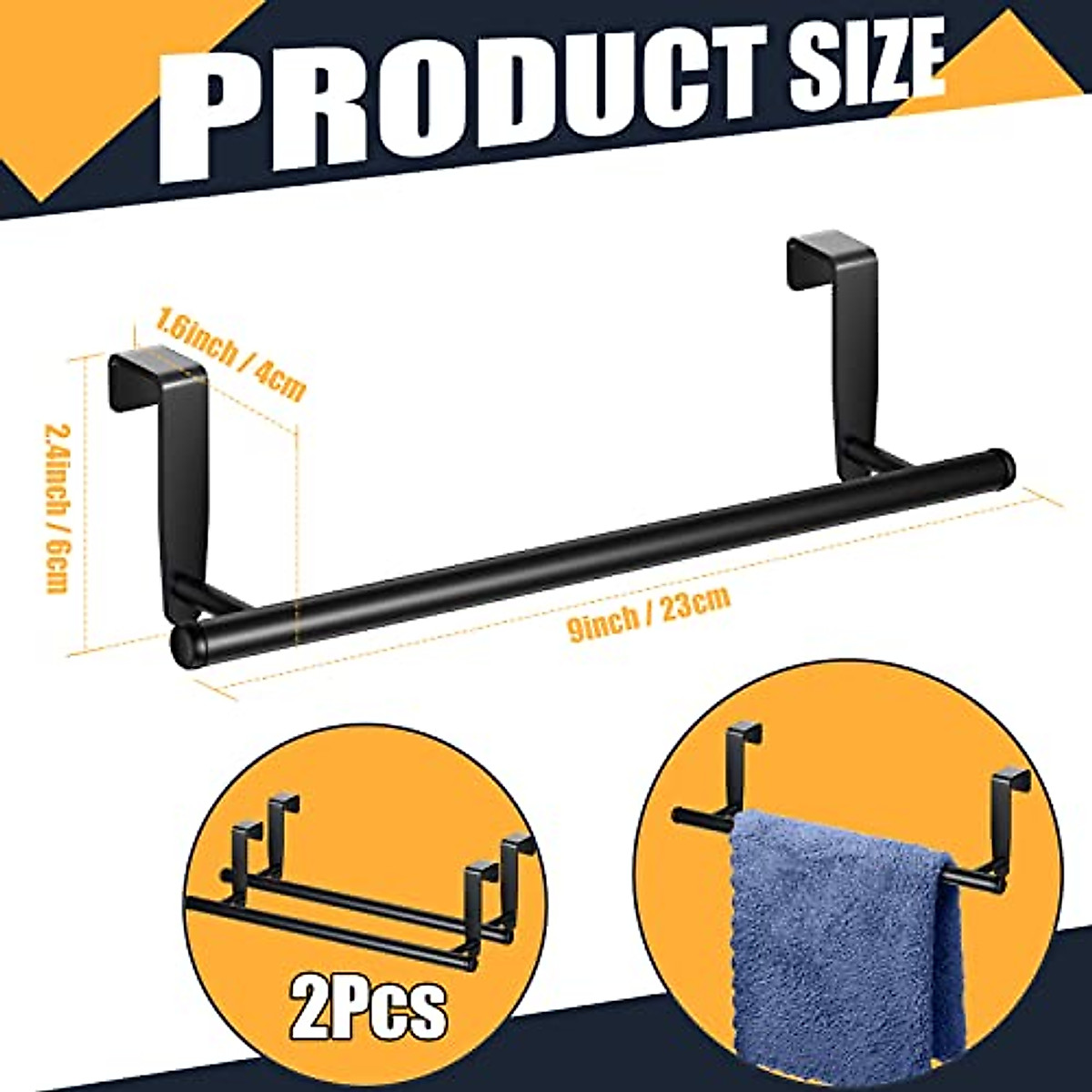 2 Pack Towel Rack for Cabinet Steel Over Door Towel Rack Modern Over Cabinet Towel Hanger Black Towel Bar Holder 9 Inch Storage Organizer for Universal Fit on Kitchen Bathroom Over Cabinet Cupboard