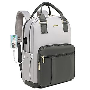 Focdod Laptop Backpack for Women Girls: Cute School Backpack for Teen Girls Bookbag Teacher Nurse Work Bag Waterproof Nursing Bag Back Pack 15.6 Inch Collegewith USB Charging Port Gift Grey