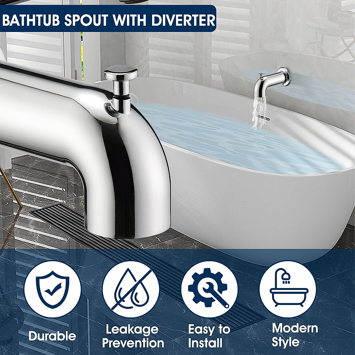 Sperwoesy Slip-On Tub Spout with Diverter Long for Bathtub Spout, Fit for 1/2 Inch Slip Pipe, Chrome