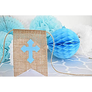 Baptism Decorations for Boy - First Communion Decor - God Bless High Quality Burlap Banner With Blue Cross, Honeycomb, Paper fan, Paper Tassel, Pompoms - Bautizo Decorations By Antsik'Aby