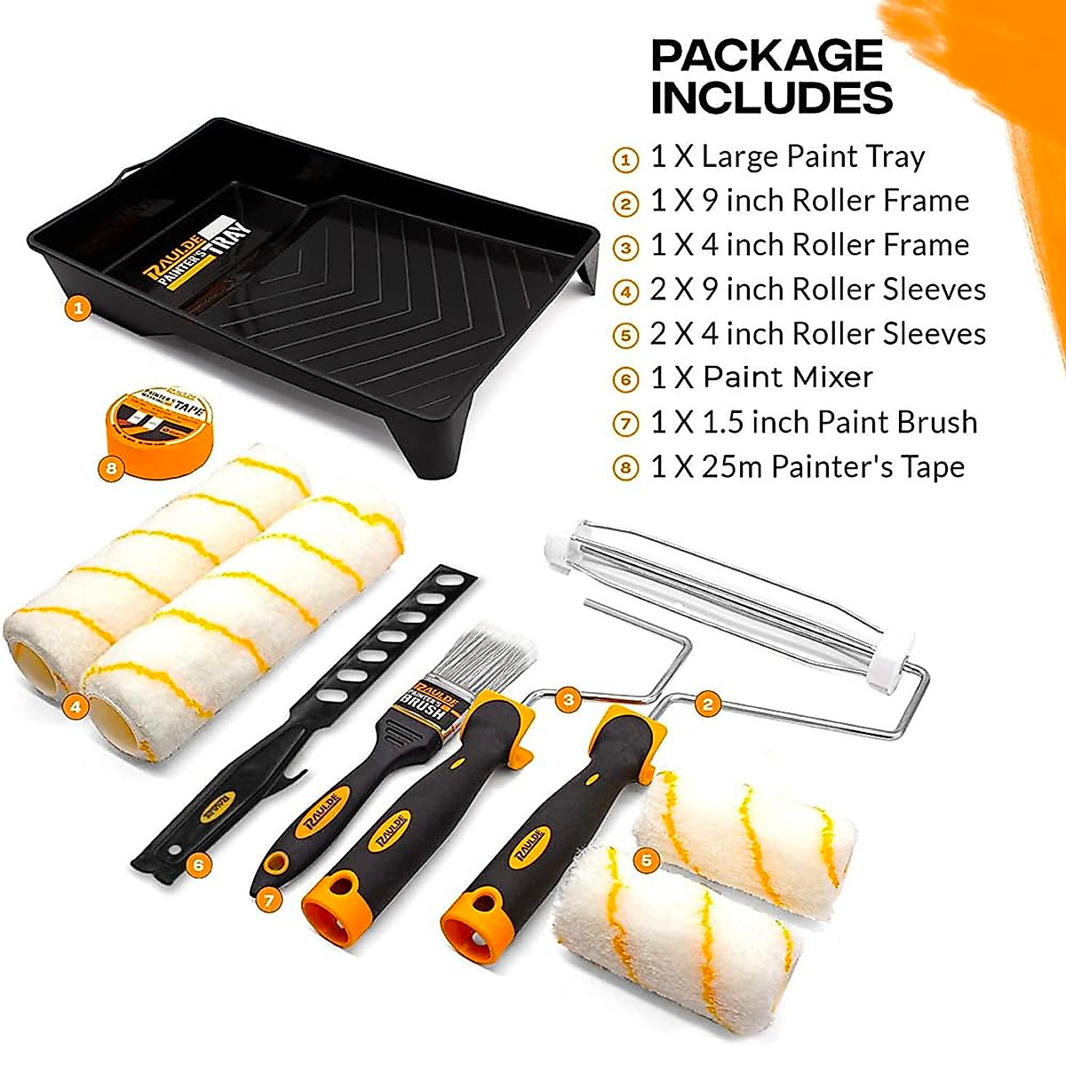 Raulde Paint Roller Kit of 10 Pcs - Includes a Paint Tray, Brush, Large and Mini Rollers & Sleeves, Paint Repellent Masking Tape, Paint Mixer - Roller Set for Painting Walls