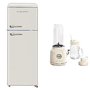 Frigidaire EFR756-CREAM EFR756, 2 Door Apartment Size Retro Refrigerator with Top Freezer, Chrome Handles, 7.5 cu ft, Cream & ESMM100-CREAM Retro Smoothie Maker Blender with Mason Jar, Cream