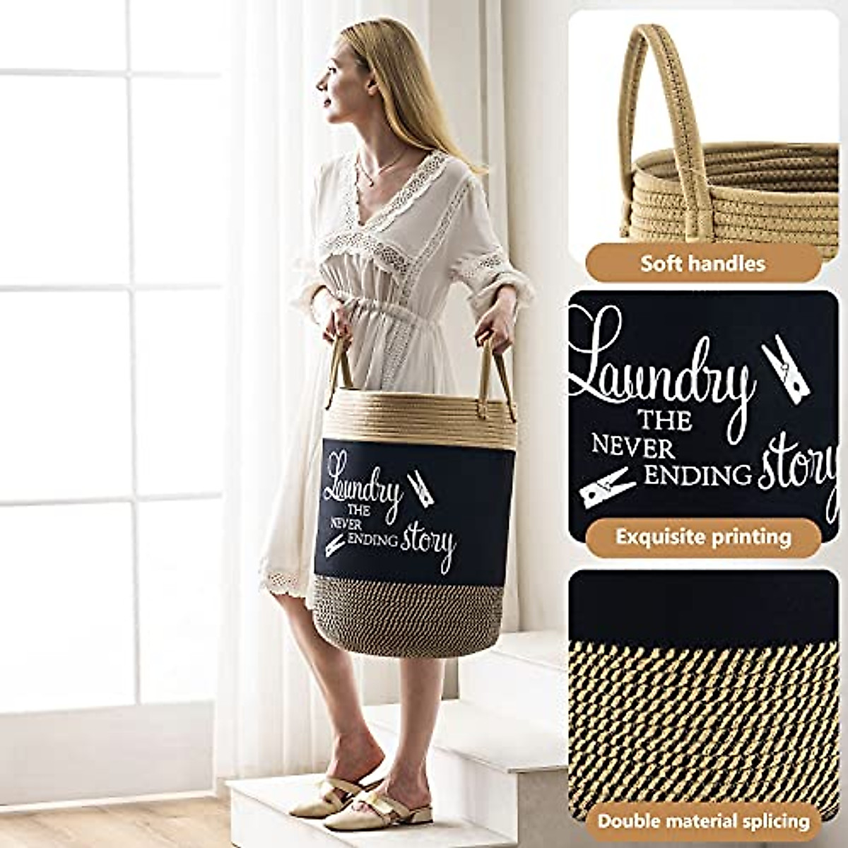 YOUDENOVA Woven Rope Laundry Basket, Tall Dirty Clothes Hamper for Blanket Storage in Bedroom, Bathroom,Living Room - Brown, 58L