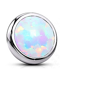 Amelia Fashion 14 Gauge Implant Grade Titanium Internally Threaded Tops Opal Flat Bezel Set for Dermal, Barbell, Labret and More (Opal White - 14GA (1.6mm) - Ball: 4mm)