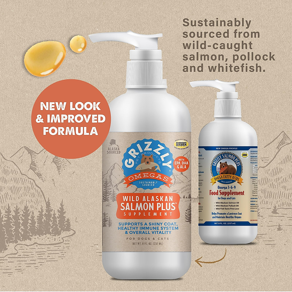 Grizzly Wild Alaskan Salmon Oil Dog Food Supplement Omega 3 Fatty Acids, 8 oz