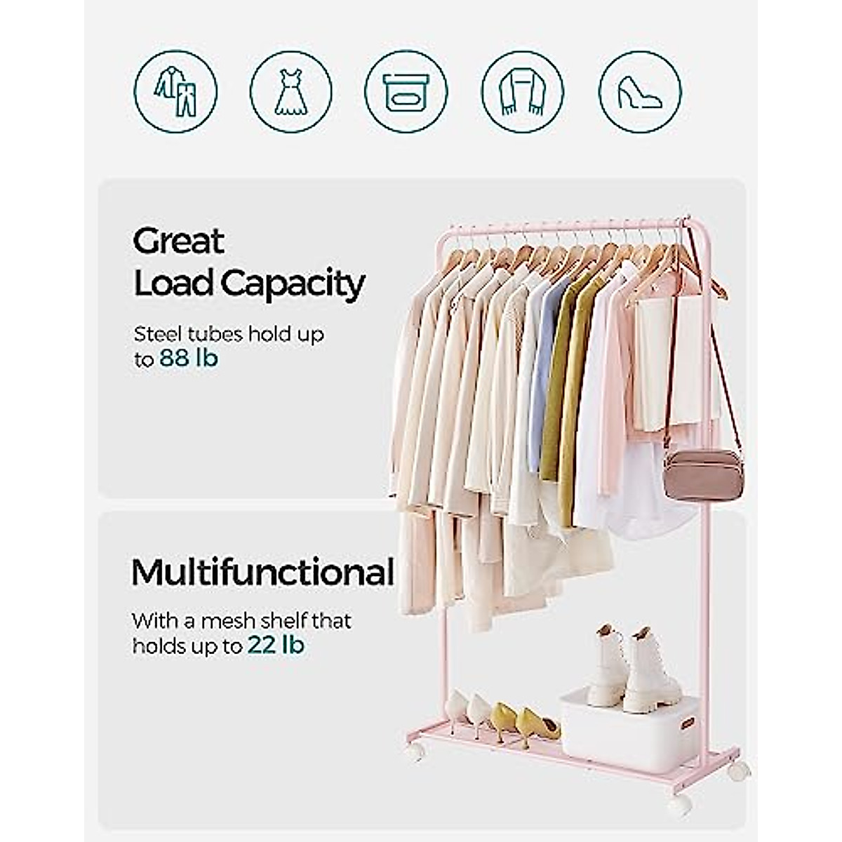 SONGMICS Clothes Rack with Wheels, 36 Inch Garment Rack, Clothing Rack for Hanging Clothes, with Dense Mesh Storage Shelf, 110 lb Load Capacity, 2 Brakes, Steel Frame, Jelly Pink UHSR025P01