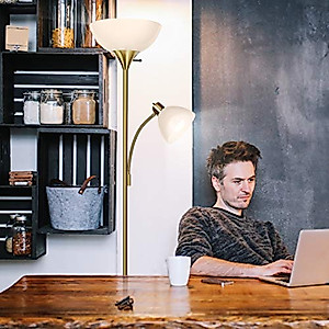 Brightech Sky Dome Plus LED Floor lamp, Torchiere Super Bright Floor Lamp with Reading Lamp for Living Rooms & Offices - Dimmable Tall Standing Lamp for Bedroom Reading - Gold Brass