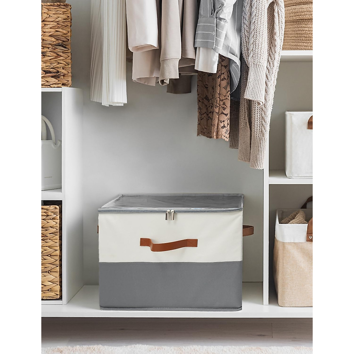 Generic Shoe Organizer for Closet,Foldable Shoe OrganizersContaine with Clear Cover，Adjustable DividersStorage Boxes for Closet ，16 Pairs，gray+white