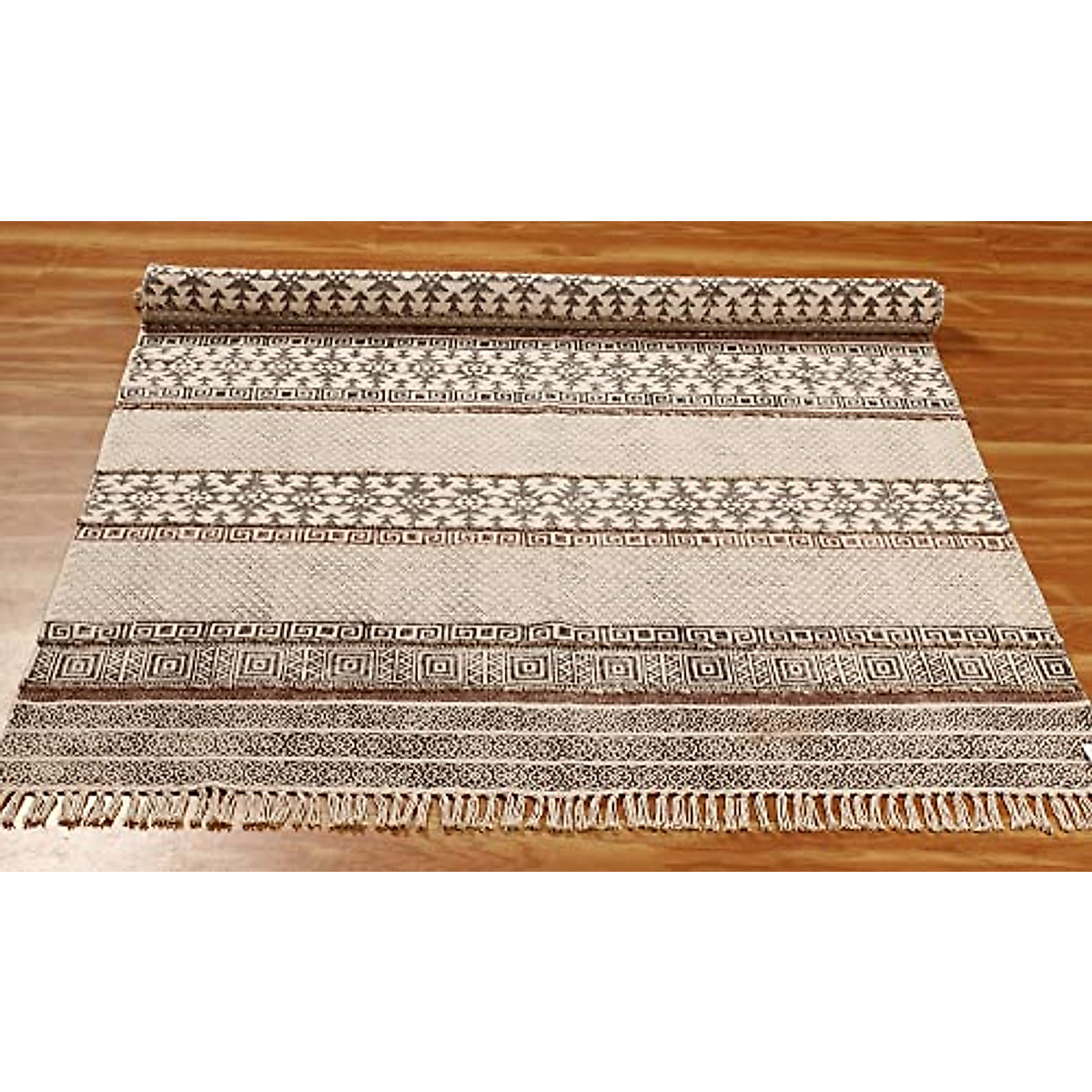 Casavani Rag Rug Collection Geometrict Rug - Black and Gray, Handmade Boho Stripe Cotton, Ideal for High Traffic Area in Entryway Living Room Bedroom Bathroom 4x15 Feet Runner
