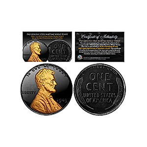 1943 Genuine Black Ruthenium & 24K Golden Abraham Lincoln Steel WAR Wheat Penny