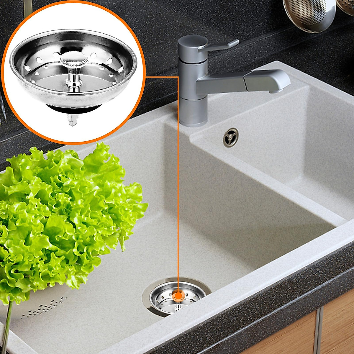 Buumook 3 Pack - Kitchen Sink Drain Strainer and Stopper Set for Most Sinks, Clog-Free Basket with Stainless Steel Body, Rubber