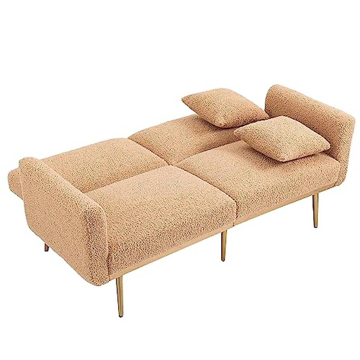 Eafurn Sherpa Teddy Futon Sofa Bed, Modern Boucle Upholstered Comfy Loveseat Couch Sleeper Sofabed with Golden Metal Legs and Throw Pillows, Small Folding Sofa&Couch for Home Office, Camel 65.35"