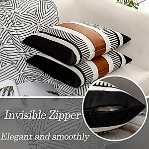 Vfuty Set of 2 Striped Boho Throw Pillow Covers 16x16 inch, Modern Leather Pillow Cover for Couch Sofa Bed, Farmhouse Decor Patchwork Accent Pillowcase, Black