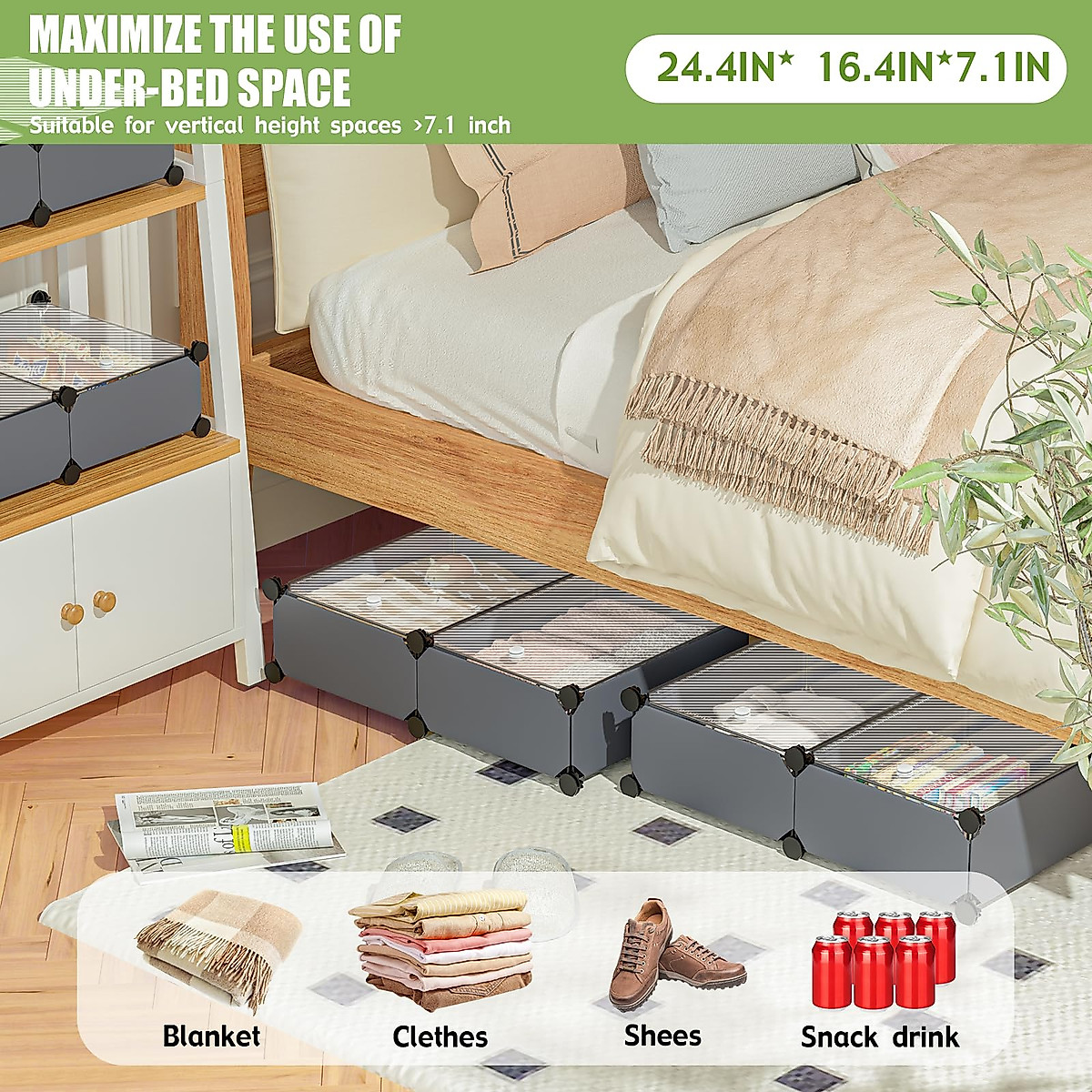 EE-RoomWorld Shoe Storage Organizers，7 inches height plastic metal under bed Shoe Storage，4 pairs shoe under bed storage containers，under bed Organizer with clear lids for shoe boot dorm storage