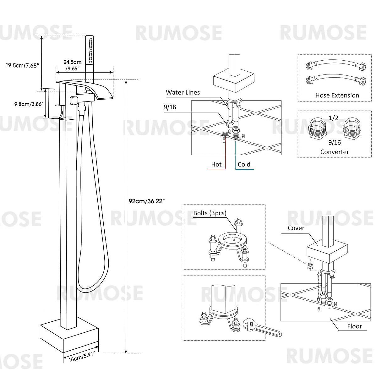 RUMOSE Tub Filler Freestanding Bathtub Faucet Matte Black Floor Mount Tub Faucet Waterfall Free Standing Bathtub Filler High Flow Brass Bath Shower Faucets with Handheld Sprayer