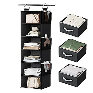 Pipishell Hanging Closet Organizer 6-Shelf, Hanging Shelves for Closet with 3 Removable Drawers & Side Pockets, Hanging Shelf Organizer for Bedroom or Garment Rack