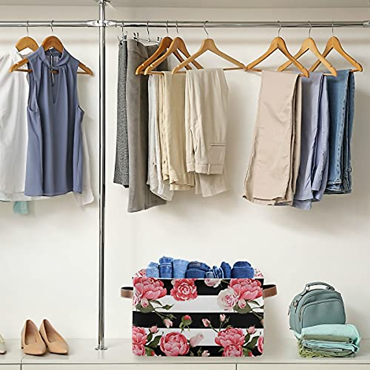 Oyihfvs Floral Peony and Roses Flowers On Black White Stripes Square Shelves Storage Basket Bin, Waterproof Laundry Hamper Bucket, Baby Nursery Organizer with Handles for Toys Clothes Room Closets