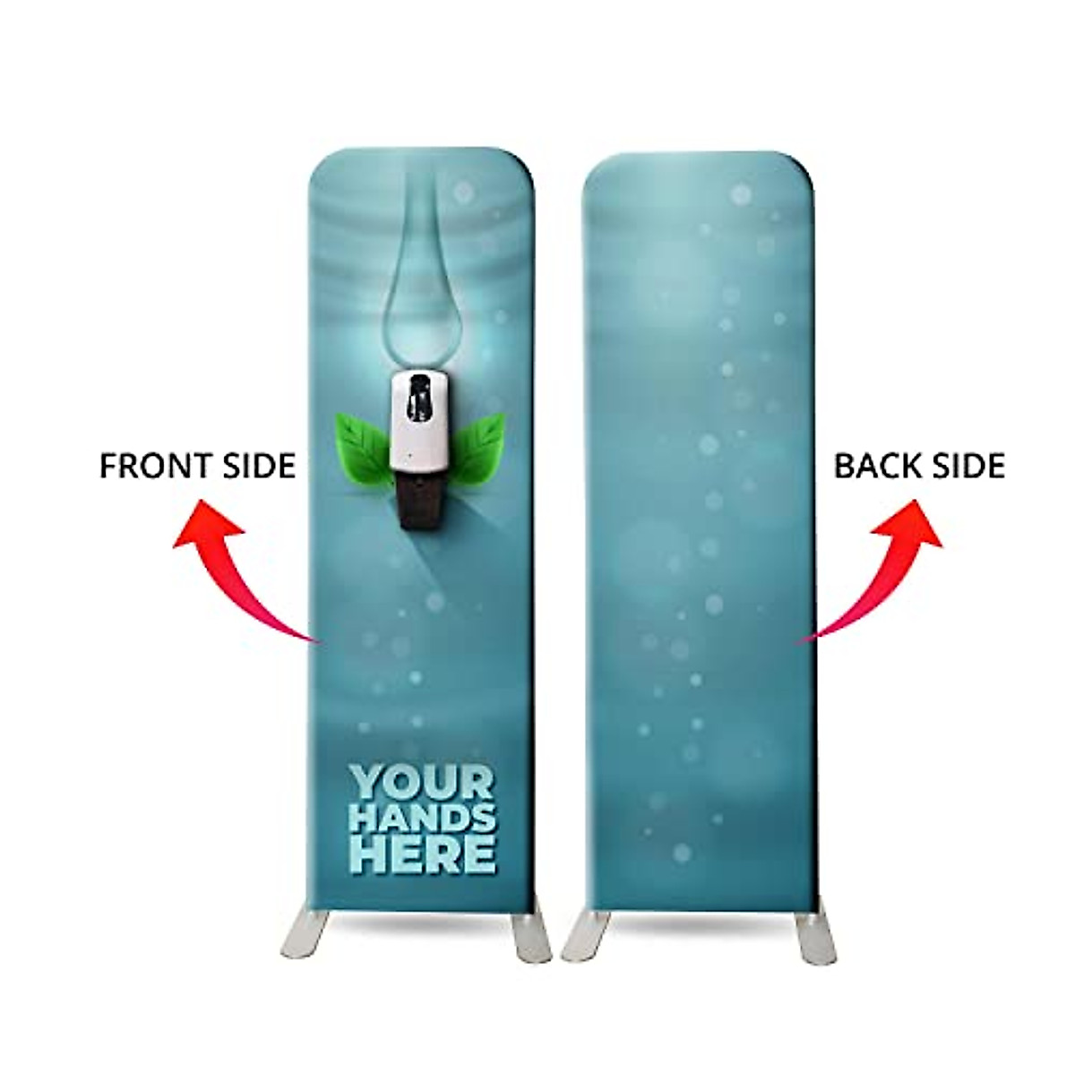 BannerBuzz Hand Sanitizer Automatic Dispenser Floor Stand Kit Touchless Machine with YOUR HANDS HERE Fabric Banner Stand Best for Hospital, Home, School, Office- 2 X 6.5 Ft (Double Side Print, Theme2)