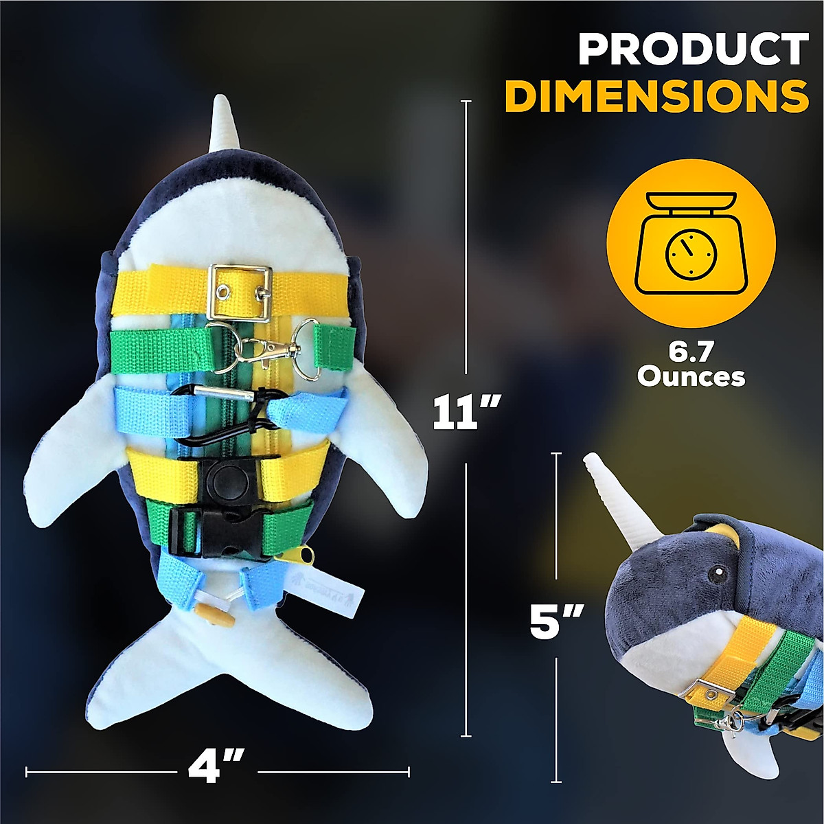 SENSORY4U Buckle Pillow Sensory Narwhal Stuffed Animal Fine Motor Development Toy Activity Plushie - Counting Sorting Zipper Skills Marble Maze Toy