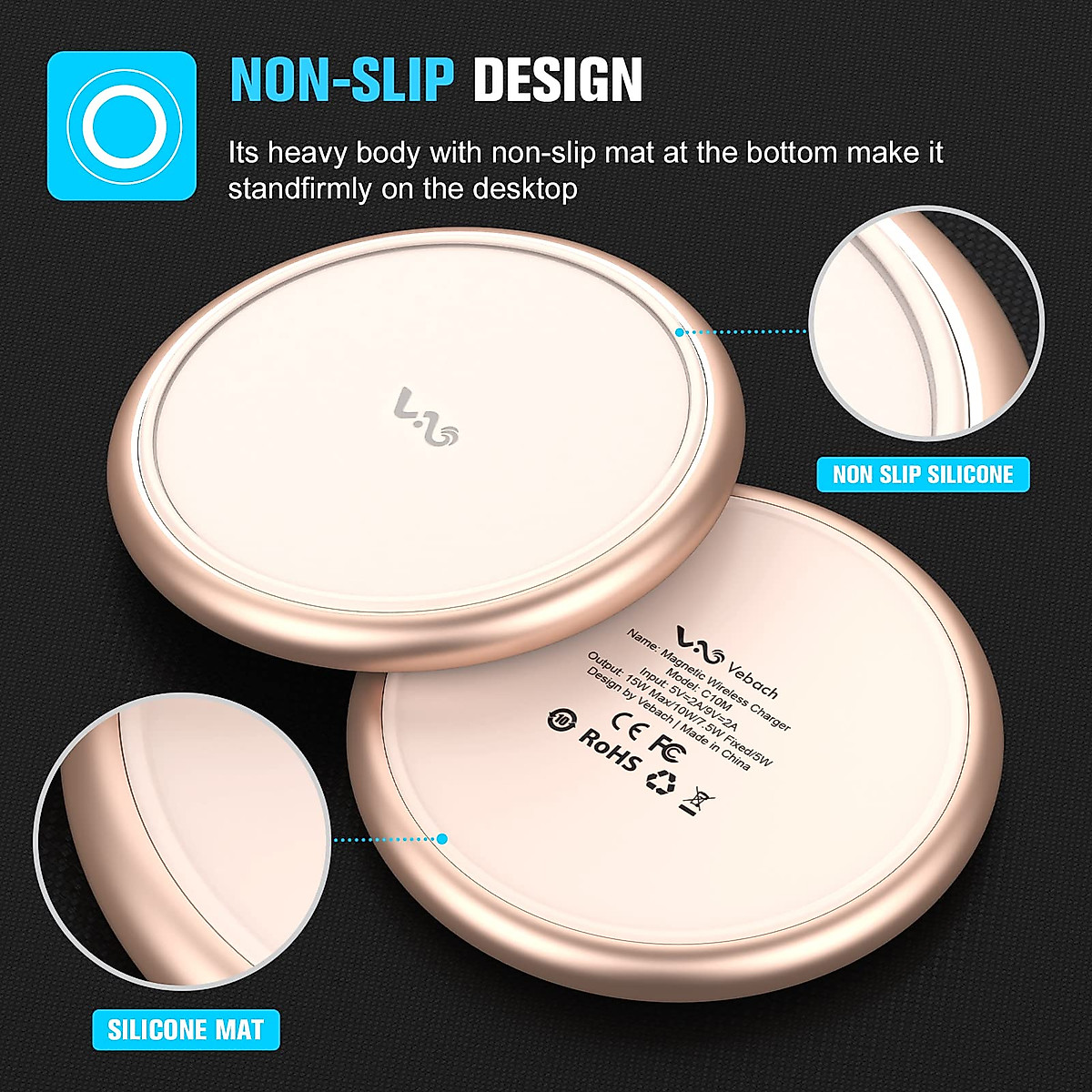 Magnetic Wireless Charger, Vebach Fast Aluminum Wireless Charging Pad with Detachable Cable Compatible with iPhone14/14plus/ 13/13 Pro/13 Pro Max/13 Mini, 12/12 Pro/12 Pro Max, AirPods 3 2 Pro etc