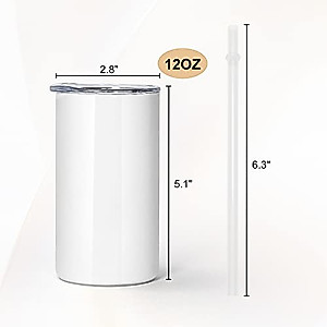 AGH 12OZ Sublimation Tumblers Blanks, 6 Pack Stainless Steel Straight Skinny Slim Tumblers with Lids and Straw, Double Wall Vacuum Insulated Cups Great DIY Gift for Children and Family.