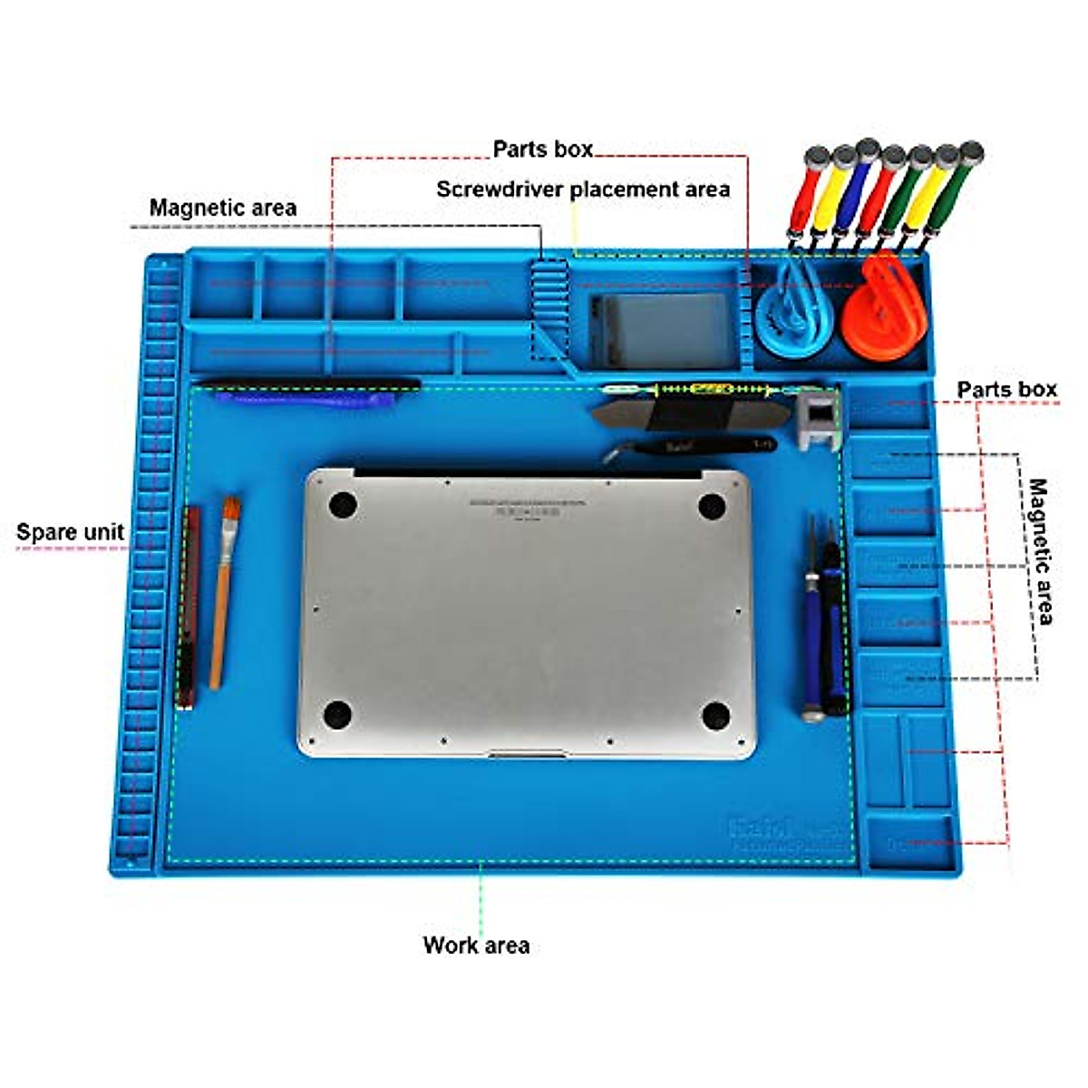 Kaisi 21.6 x 16.9 Inch Large Electronics Repair Mat Silicone Soldering Magnetic Repair Pad Insulation Work Station with Anti Static Wrist Strap for Computer, Laptop, MacBook, Tablet, Phone and More