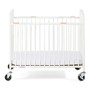 Foundations Stowaway Metal Folding Crib, Portable Baby Crib with Foam Mattress and Commercial Grade 3" Casters, Compact Traveling Crib (White Steel)
