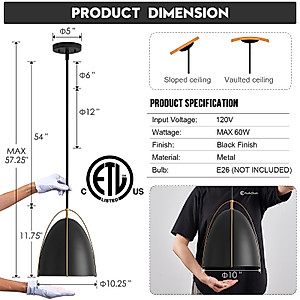 FookChak Black Dome Pendant Light 10in 1-Light Kitchen Pendant Lighting Egg-Shaped Black Gold Pendant Light Fixture for Kitchen Island, Dining Room,Kitchen Sink,Bar,10inԺåE26