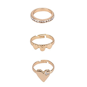 DISNEY Mickey Mouse Heart 3 Piece Stackable Ring Set for Women, Girls in Authentic Jewelry Gift Box, Gold Tone with Character Shape, Crystal Accent Designs, Fits Size 5-7