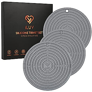 iLUV Silicone Trivets - Extra Thick for Hot/Cold Pans, Pots, and Dishes Holders - Coffee Mats, Tea Pads, Utensil Spoon Rest - Heat Resistant Food Grade Cooking/Baking/Serving - Multi-Use 8" 3pcs Gray