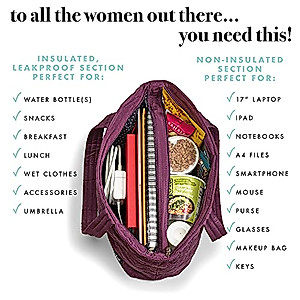 Fit + Fresh Metro Tote, 2-In-1 Laptop Bag for Women, Dual-Compartment Tote Bag with 15" Laptop Section & Insulated Cooler for Lunch, Perfect Work Bag, School Bag, Travel Purse & More, Plum