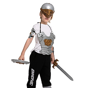 JOYIN Silver Knight in Shining Armor Medieval Pretend Role Play Plastic Toy Halloween Costume Set with Accessories, Kingdom Cosplay with Weapons for Halloween Dress Up Party Decoration