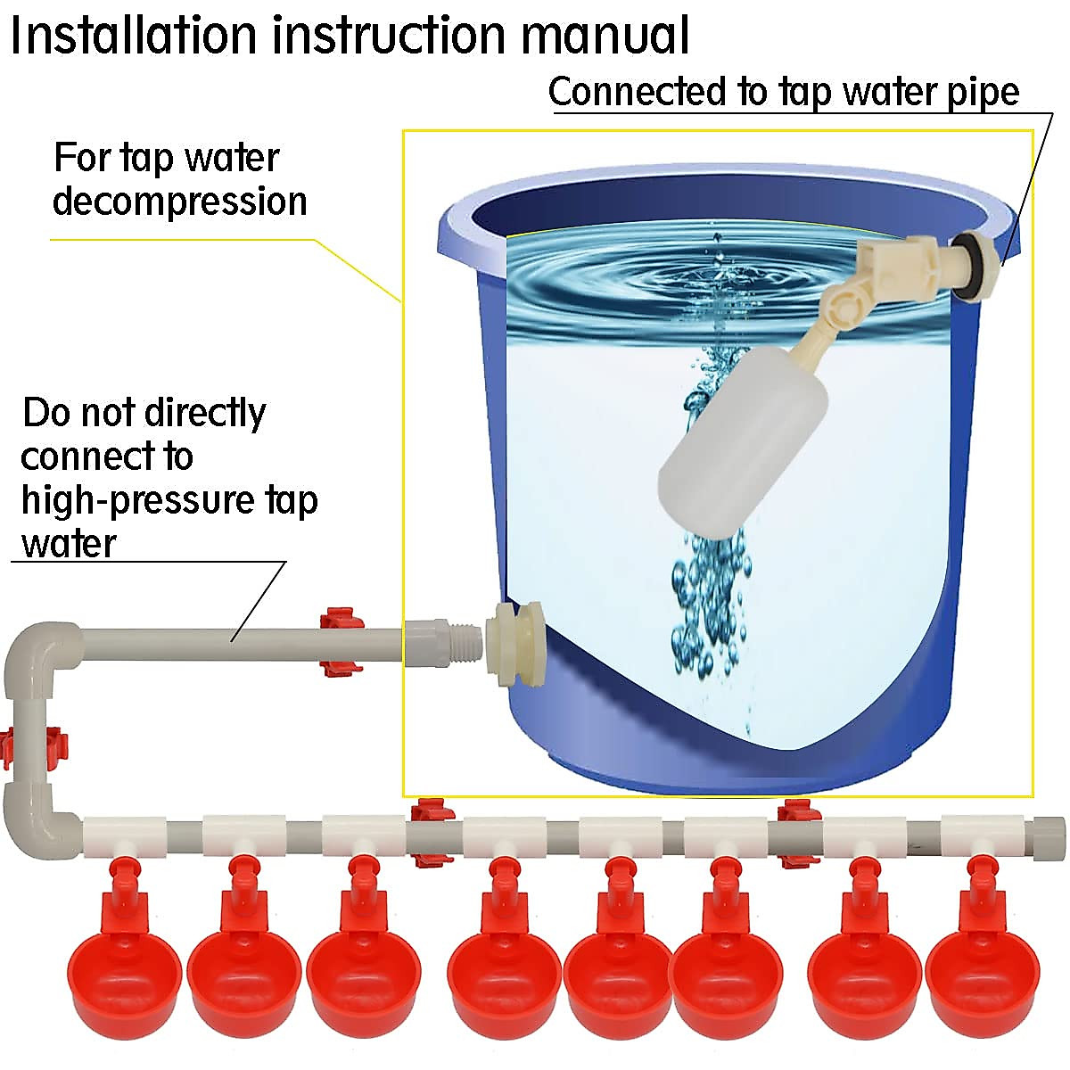 Complete Set Pipeline Automatic Chicken Nipple Waterer Cups and 1/2" PVC Tee Fittings Pipe Feeder Poultry Waterer Chicken Waterer Chicken Water Cup Chicken Waters Chicken Watering System