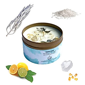 White Sage Smudge Candle with Citrine & Quartz Gemstone Crystals 100% Natural Soy Essential Oils (Sage)