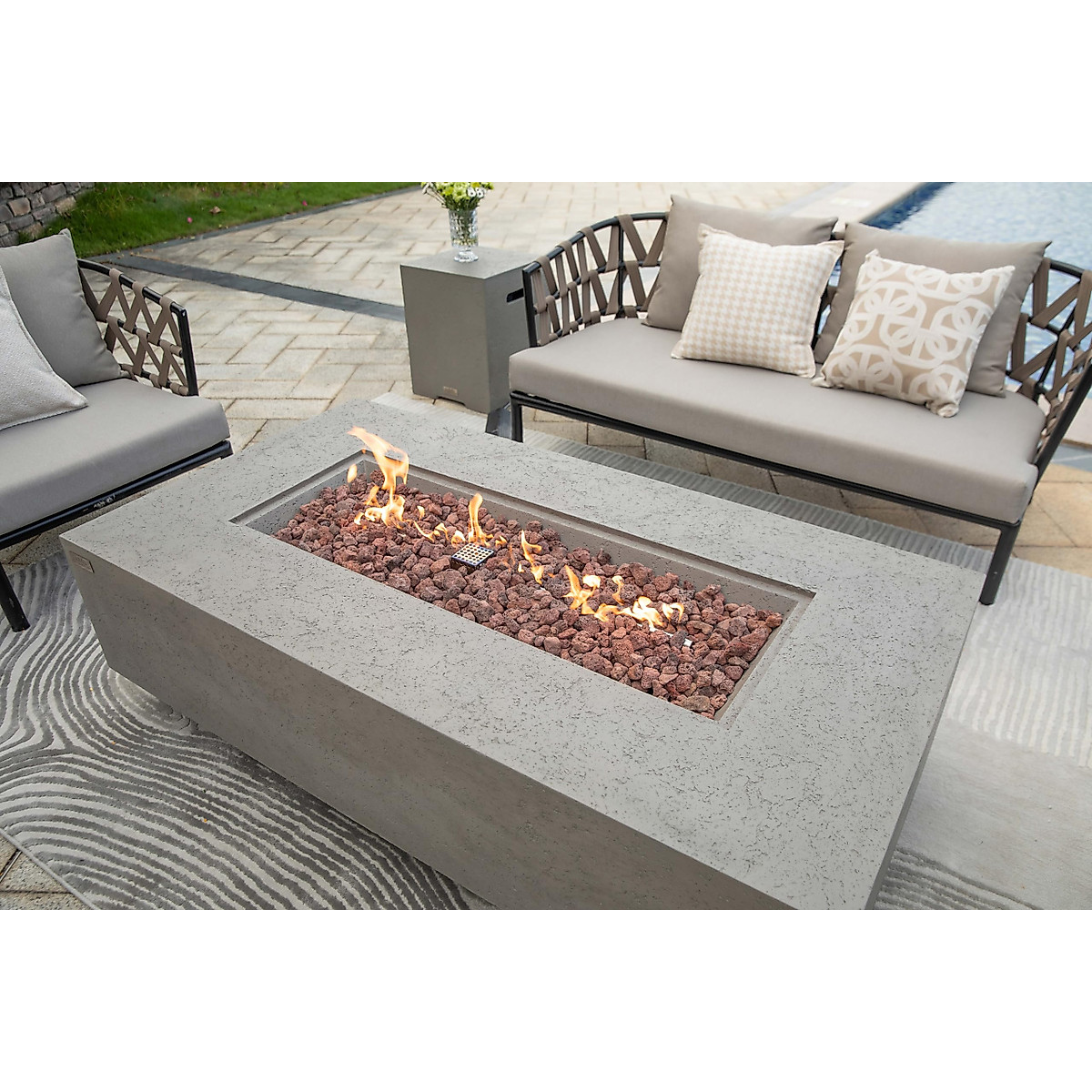 AMS Fireplace | Bundle for Madison 60"x32" Rectangular Concrete Natural Gas Fire Pit Table | Light Gray | Travertine (coarse) Texture Surface | Outdoor Patio Heater Electronic Ignition Fireplace
