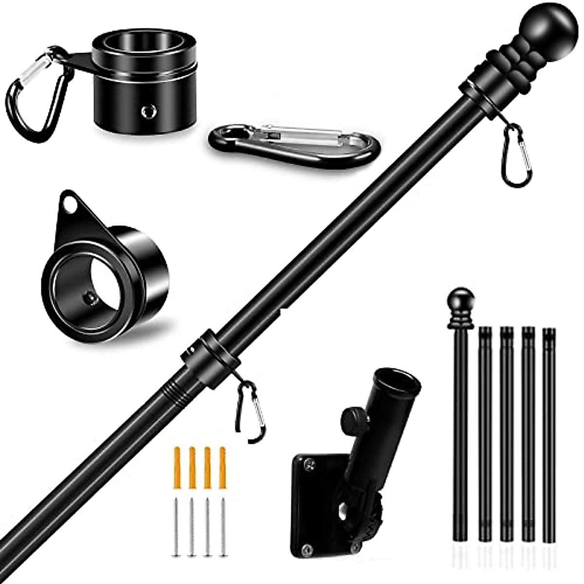 House Flag Pole, 6FT Black Flag Pole Kit - Flag Pole for Outside House, Wall Mount Tangle Free Flag Pole with Stand for Home Truck, Garden Yard Residential or Commercial