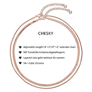 CHESKY 14K Gold/Silver Plated Snake Chain Necklace Herringbone Necklace Gold Choker Necklaces for Women Gifts Jewelry 1.5/3/5MM(W) 14"/16"(L) (layered rose gold)