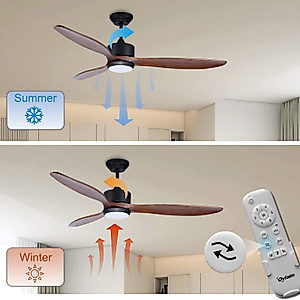 Ovlaim 52 Inch Solid Walnut Wood Ceiling Fans with Lights Remote Control, 3 Blade Propeller Smart Ceiling Fan for Bedroom Living Room Indoor Outdoor, ETL Listed High CFM Quiet DC Motor