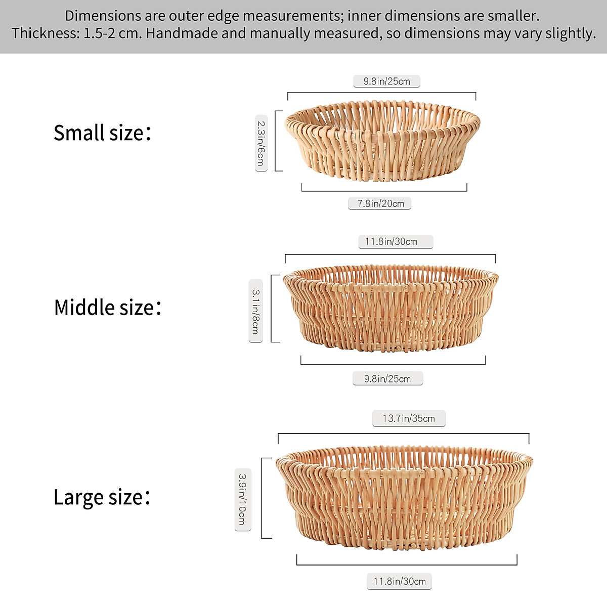 LONGERO Handcrafted Storage Basket, Wicker Round Bowl, Handwoven Shelf Basket, Natural Willow, 1 Pack, Large Size-Top Inner Ø ca 12.5''
