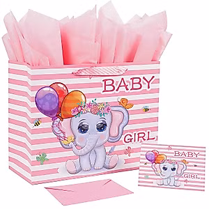 Jaywayang 12.6" Large Baby Girl Gift Bag with Tissue Paper and Greeting Card for Baby Shower, Baby Girl Birthday, New Parents, and More.