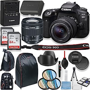 Canon EOS 90D DSLR Camera with EF-S 18-55mm f/4-5.6 is STM Lens + 2pc 64GB Memory Cards + Filters + Backpack Case & More