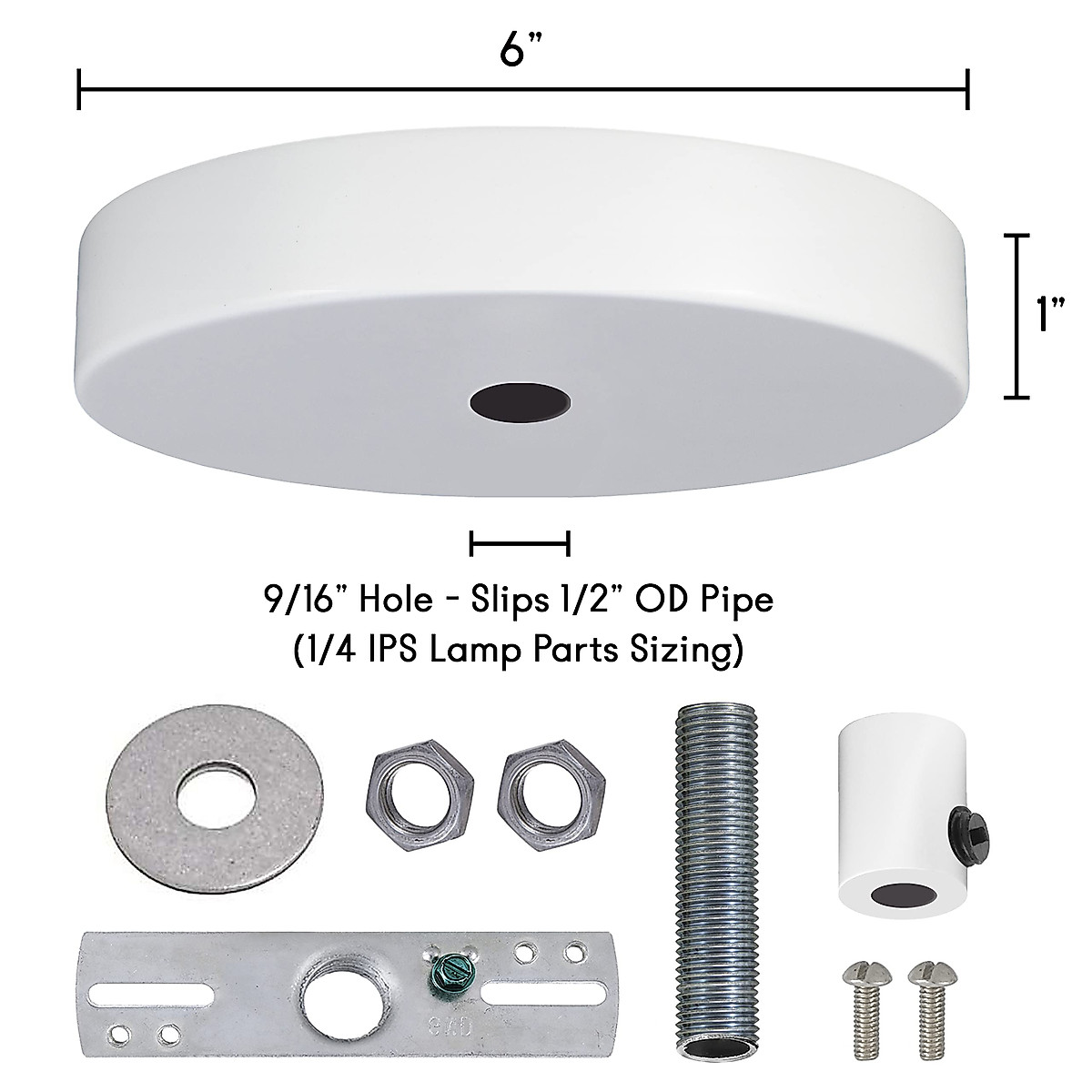 Flea Market Rx 6 Inch Pendant Canopy Kit with Lamp Cord Strain Relief 25 LB, Ceiling Light Plate Cover & All Mounting Hardware for Hanging Chandelier Lighting Fixtures - 1/4 IPS, Made in USA (White)