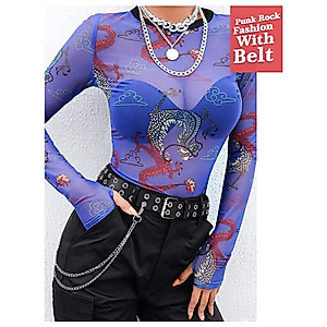 SUOSDEY Double Grommet Leather Belt with Detachable Chain for Women Men,Punk Black Belt with Double Studded Holes for Jeans